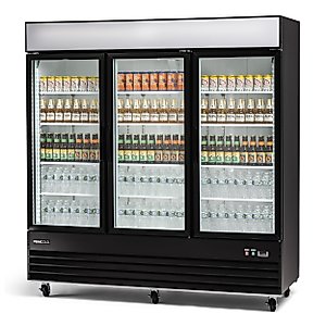 PEAKCOLD Commercial Upright Display Cooler - Merchandiser Refrigerator with Three Glass Doors and LED Lighting, 57.5 Cu Ft Capacity, Adjustable Shelves, Perfect for Restaurants, Cafes, and Bars