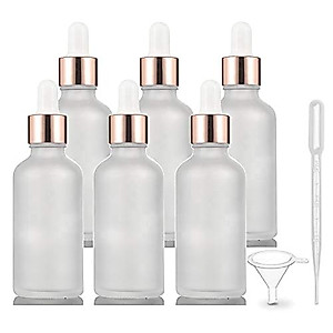 6 Pack,Frosted Glass Essential Oil Dropper Bottle,Empty Glass Liquid Container Holder With Glass Eye Dropper,Rose-Golden Caps Travel Perfume Cosmetic Container-Pipette&Funnel included (50ml/1.7 Ounce)