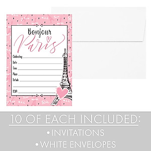 DISTINCTIVS Pink Paris Birthday Party Invitations - French Parisian Party Theme - 10 Cards with Envelopes