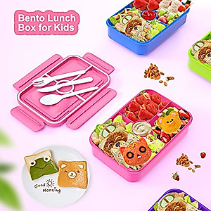 KEMETHY Bento Lunch Box for Kids, 4 Compartment Lunch Box Kids, Leak Proof Lunchbox with Tableware for Kids Lunch boxes for School, Microwave/Dishwasher/Freezer Safe, BPA-Free and Reusable, Pink
