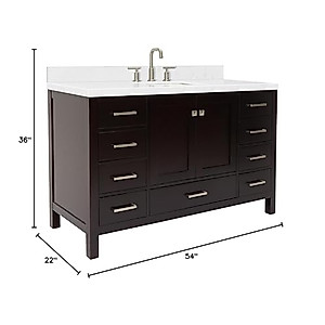 ARIEL Cambridge 54" Espresso Bathroom Vanity, 1.5" Edge Carrara White Quartz Countertop & Splash, Rectangular Sink, 2 Soft Closing Doors, 9 Full Extension Dovetail Drawers, Brushed Nickel