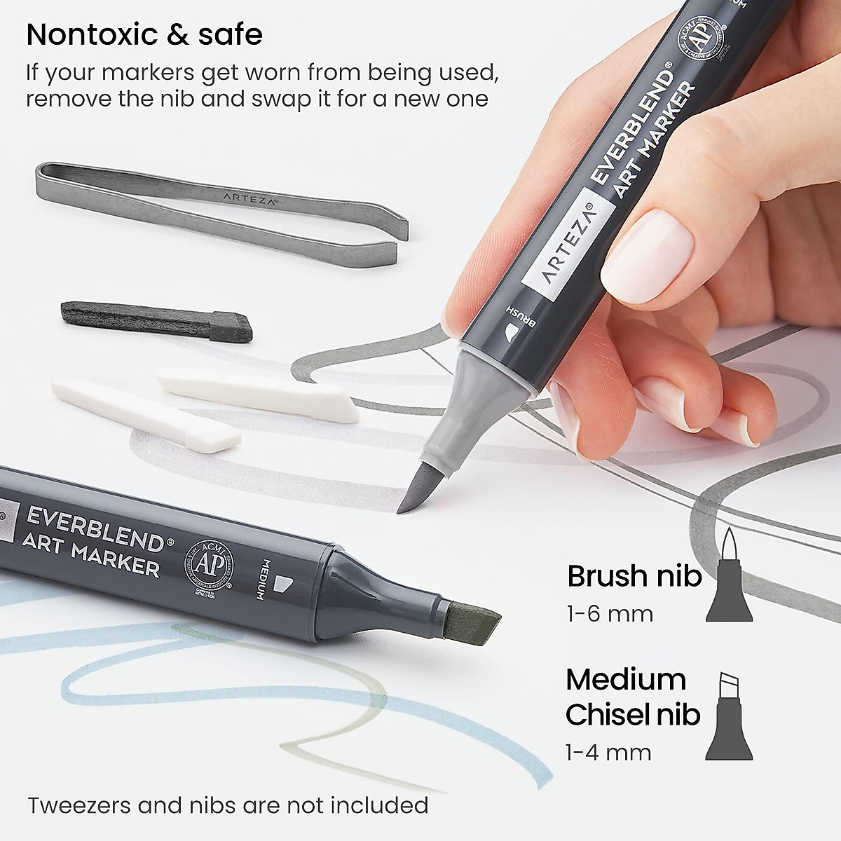 ARTEZA Alcohol Brush Markers Set of 36 Grayscale Dual Tip Markers with Organizer Box, Medium Chisel and Brush Nib