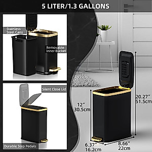 CEROELDA Small Bathroom Trash Can with Lid Soft Close-5L/1.3 Gal Slim Garbage Can-Metal Step Wastebasket-Rectangle Narrow Waste Bin for Office, Bedroom, Toilet, Live Room-Black