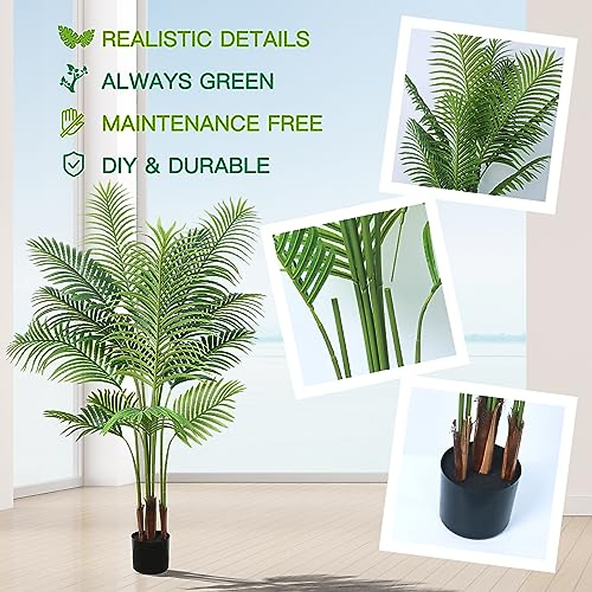 YULISKY Artificial Areca Palm Plant, 5 FT Fake Palm Tree in Pot, Tall Faux Silk Plant, 12 Leaves Faux Palm for Home Decor Office Living Room Perfect Housewarming Gift