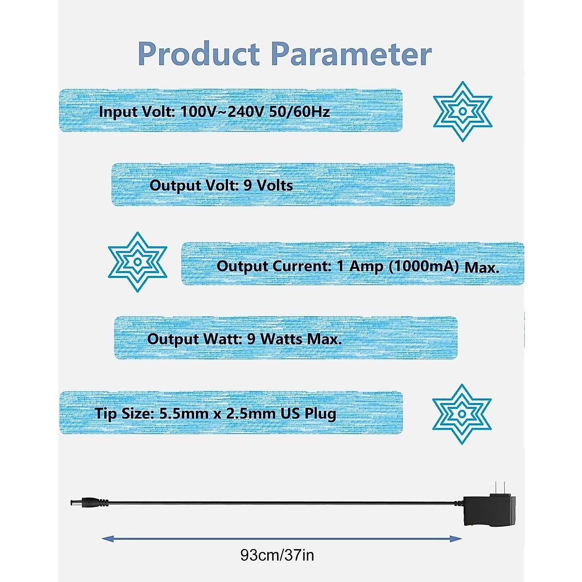 9V DC Power Supply 1A 9V Power Adapter, DC 9V Power Cord Transformer, 9Volt 1000mA AC/DC Adapter, 5.5mm x 2.5mm US Plug [The Polarity of Output tip: Inner Positive (+), Outer Negative (-)]