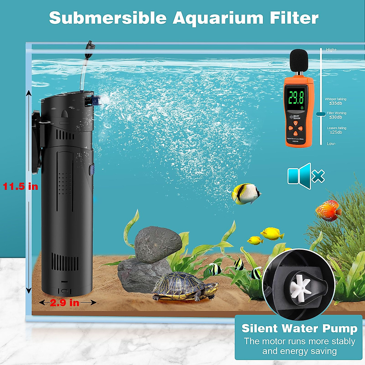 FishCheers Aquarium Filter for 25-198 Gal Fish Tanks, Green Killing Machine with 9W U-V Light Small Fish Tank Filters, Maximum Flow 185 GPH Submersible Aquarium Filter