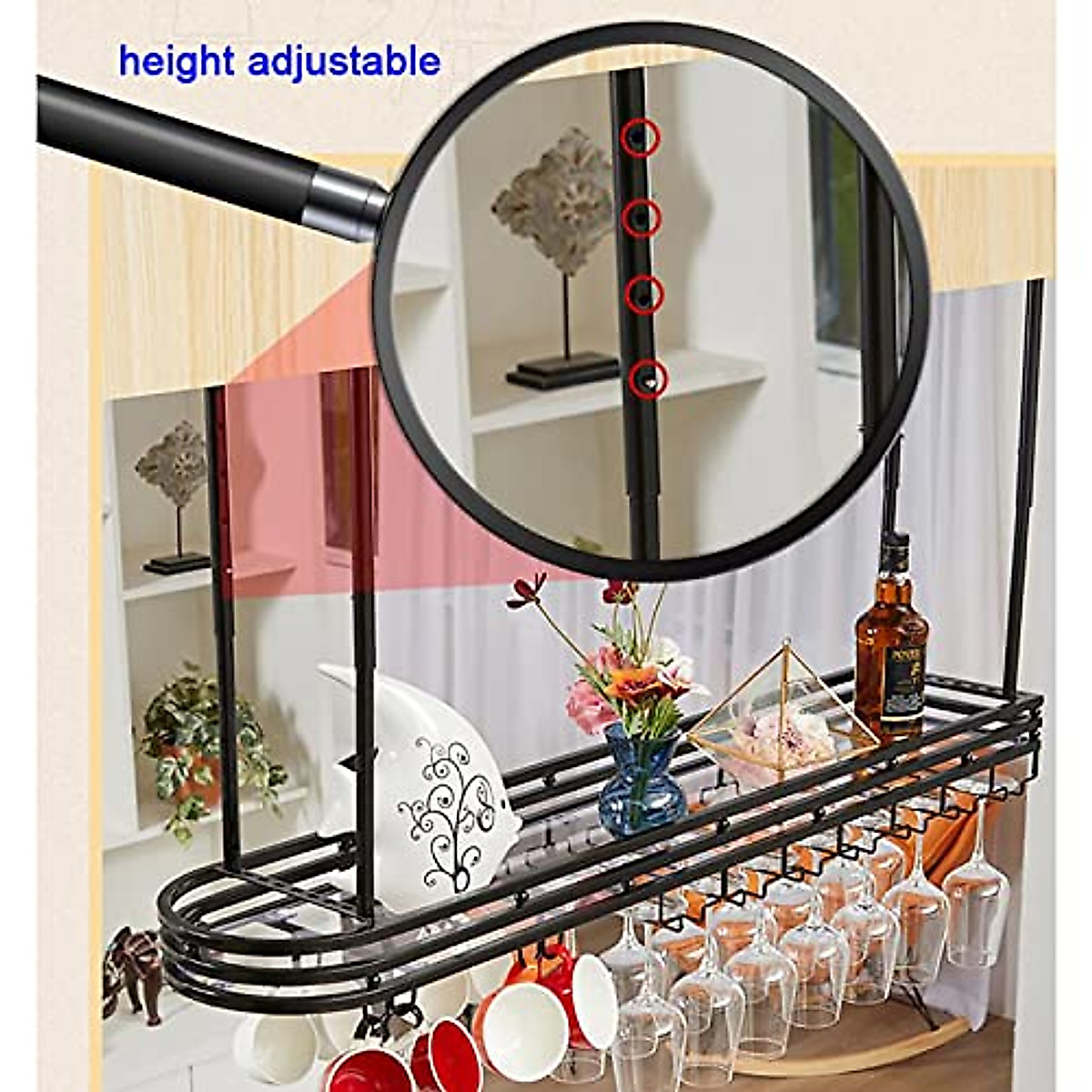 Ceiling Glass Rack Ceiling Hanging Rack,Adjustable Height,Metal Holder Stemare Goblets,for Bars Restaurants Kitchens,Can Bear 100KG