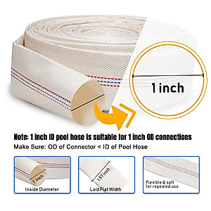 Eoiips 1 Inch x 26.2 Feet Length Swimming Pool Backwash Hose, PVC Lay-Flat Garden Hose Water Discharge Hose with Adjustable Hose Clamp for Patio Garden Lawn Irrigation & Swimming Pool