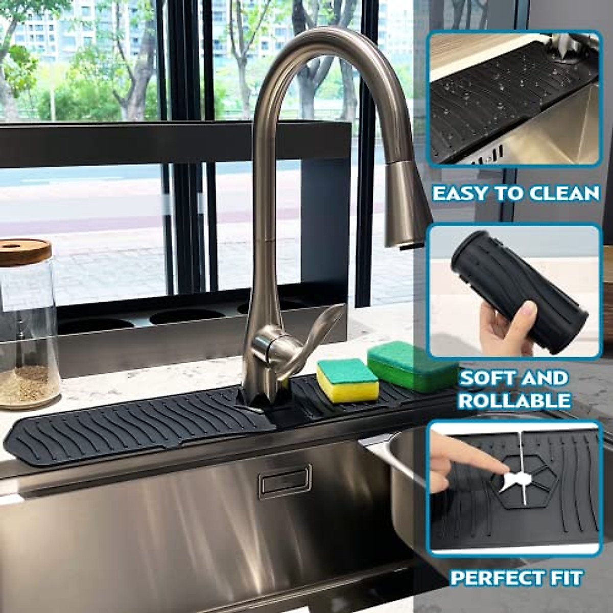 Luvitory Faucet Handle Drip Catcher Silicone Lengthened Mat, 24'' Splash Guard, Sink Guard for Kitchen Drying Mat Soap Sponge Accessories Tray Bathroom Bar Protection Black