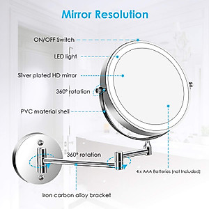 ALVOROG Wall Mounted Makeup Mirror LED Lighted Double Sided 5X Magnification 360° Swivel Extendable Cosmetic Vanity Mirror for Bathroom Hotels, Powered by Batteries (Not Included)-7 inches