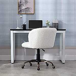 HEAH-YO Modern White Computer Task Desk Chair with Wheels, Swivel Adjustable Vanity Chair Faux Fur Armless Office Chair for Teens Dorm Room Office
