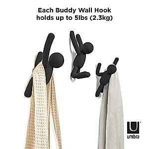 Umbra Buddy Wall Hooks – Decorative Wall Mounted Coat Hooks for Hanging Coats, Scarves, Bags, Purses, Backpacks, Towels and More, Set of 3, Black