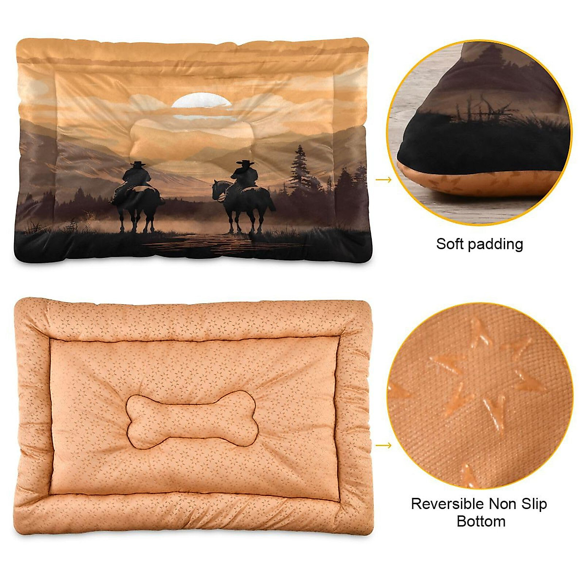 YETTASBIN Western Cowboy Crate Pet Bed, Portable Washable Dog Cat Mat, Soft Comfortable Pet Mattress with Non-Slip Bottom for Dogs Cats Sleeping, 36 x 24 Inch