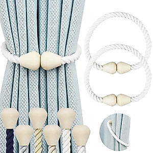 Hangtty Magnetic Curtain Tiebacks 2 Pack Cotton Boho Curtain Tie Back Decorative Rope Holdbacks for Curtains Draperies Outdoor Window Treatment Holdbacks, White