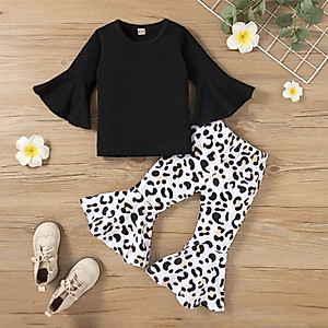Little Toddler Baby Girl Bell-Bottom Pants Leggings Outfit Flared-Sleeve Top + Leopard Print Flared Trousers Suit