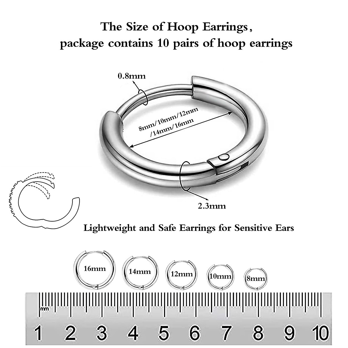 BOUTIQUELOVIN 10 Pairs Stainless Steel Hoop Earrings for Men Small Black Hoop Earrings Set Mens Hypoallergenic Huggie Hoops Earing