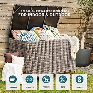 MEISSALIVVE 178 Gallon Outdoor Storage Box, Patio Deck Box with 2 Wheels, Handle Large Portable Wicker Rattan Deck Box for Patio Furniture Cushions, Throw Pillows, Garden Tools and Pool Floats (Gray)