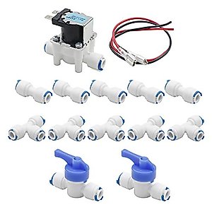 Pxyelec DC 24V 1/4 inch Inlet Feed Water Solenoid Valve Quick Connect Water Inlet Flow Switch and Wire, Quick Connect Water Purifiers Tube Fittings for RO Water Reverse Osmosis System