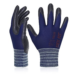 DEX FIT Premium Nylon Work Gloves FN320 - Firm Nitrile Grip, 3D-Comfort Stretchy Fit, Thin & Lightweight, Protective & Durable, Breathable, Machine Washable; Navy 7 (S) 1 Pair