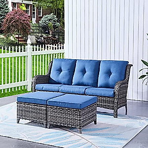 HUMMUH Patio Furniture 5 Pieces Outdoor Furniture Set Wicker Outdoor Sectional Couch with Patio Swivel Rocking Chairs,Ottomans for Patio