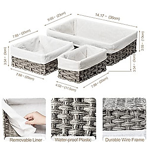 FairyHaus Wicker Baskets for Organizing 3 Pack, Waterproof Small Wicker Storage Basket for Shelves Rectangle, Nesting Lined Grey Wicker Basket