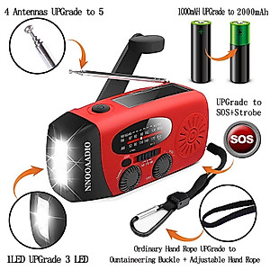 2000mAh SOS Alarm Emergency Weather Radio, 3LED Type-C Hand Crank Solar Battery Operated Wind Up Radio Flashlight, NOAA AM FM Portable Radio Cell Phone Charger Survival Kit (Red)