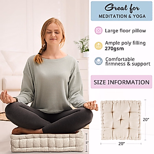 Intelligent Design Azza Floor Pillow, Large Cushions Sitting for Adults, Floor Pillow for Meditation or Yoga, Lustrous Chenille Tufted with Scalloped Edges for Bench/Chair Cushion, 20"x20"x5" Ivory