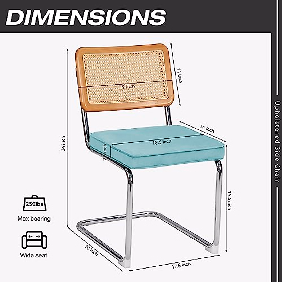 MeetLeisure Rattan Dining Chair Set of 2, Mid-Century Modern Chairs with Metal Chrome Legs, Armless Cane Back Chairs with Upholstered Cushion for Home Kitchen Dining Room, Aqua