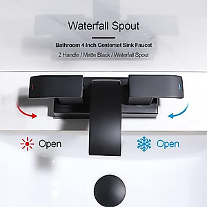 BANGPU 4 Inch Centerset Sink Faucet 3 Hole Centerset Sink Faucet 2 Handle Bathroom Basin Faucet Waterfall Lavatory Vanity Faucet 4 Inch with Pop Up Drain, Matte Black