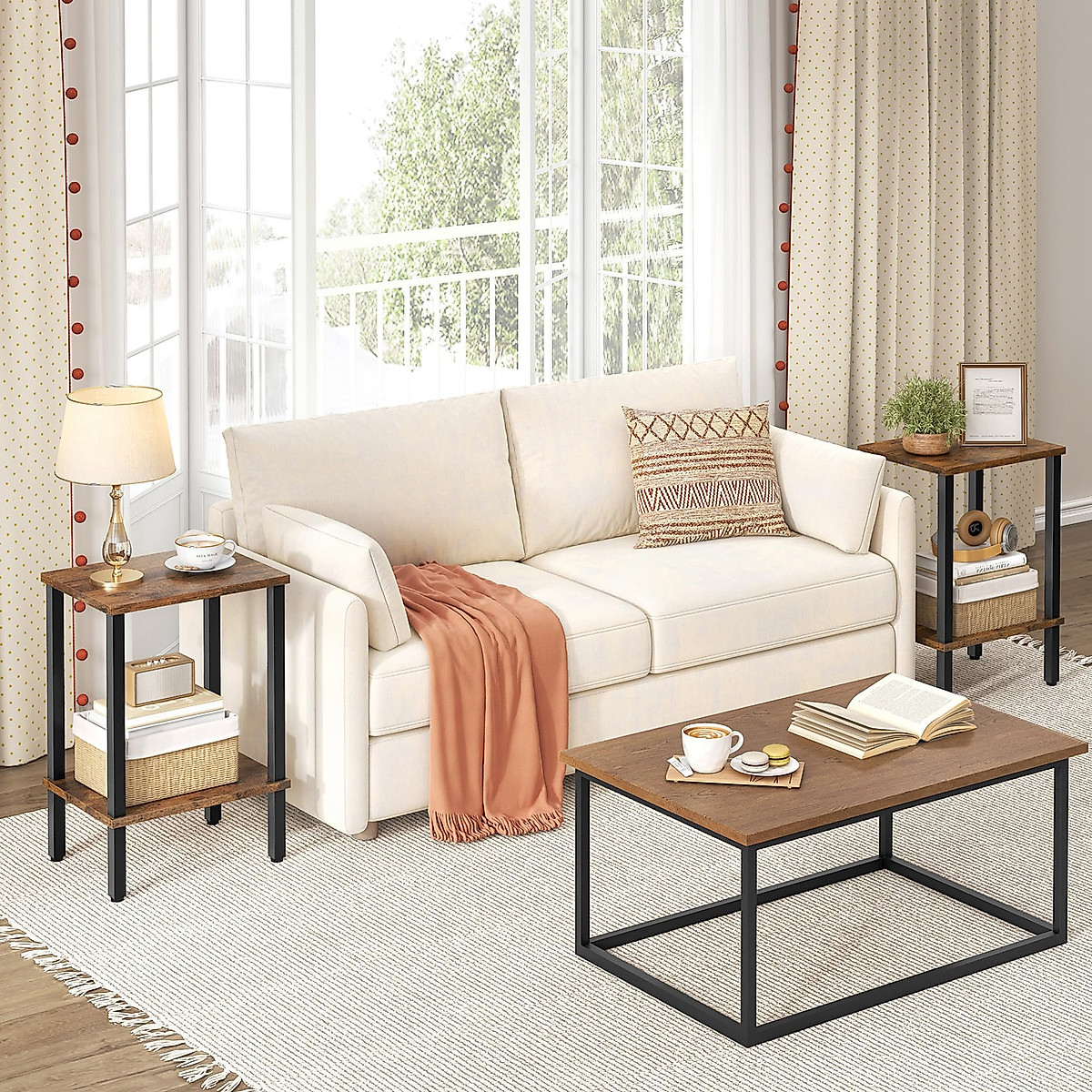 Gewudraw End Table Set of 2, Narrow Side Table, Small Nightstand, 2-Tier Sofa Table with Storage Shelf for Small Spaces, Living Room, Bedroom, Office, Rustic Brown and Black