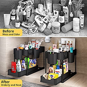 Under Sink Organizers 2 Pack, 2 Tier Sliding Under Bathroom Cabinet Storage Drawer Organizer with Hooks, Hanging Cup, Dividers for Bathroom, Kitchen Multi-Purpose, Under Sink Organizers and Storage