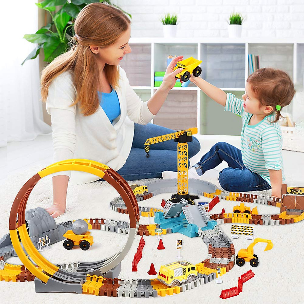 226pcs Construction Themed Race Tracks Set, Flexible Trains Tracks with 2 Race Trucks, Toy Cars Set for 3 4 5 6 7 Years Old Child Kids Boys and Girls, Road Race Playset for Christmas Birthday Gift