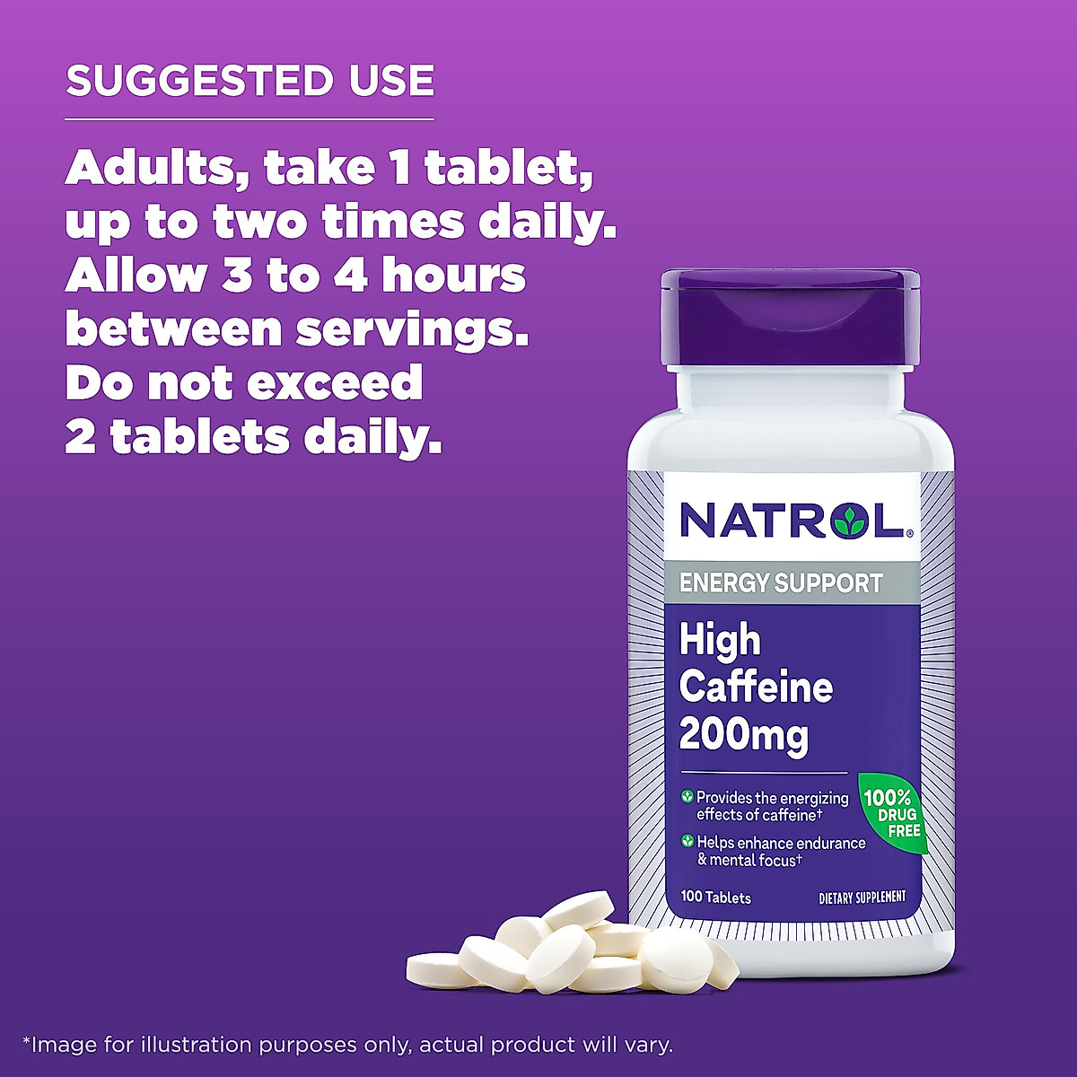 Natrol High Caffeine 200 mg per Serving, Energy Support Supplement for Adults, 100 Tablets, 100 Day Supply