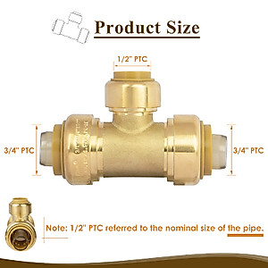 JUWO 3/4"x 3/4" x1/2" Reducing Tee for PEX, Copper, CPVC Pipe, Push to Connect Brass Plumbing Fitting with Disconnect Clip (1 Pack)