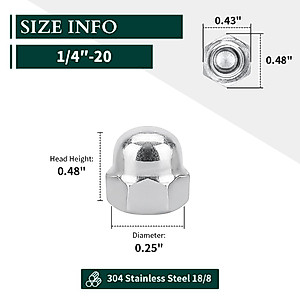 1/4-20 Acorn Hex Cap Dome Head Nuts, 304 Stainless Steel 18-8, Full Thead Coverage, 50 PCS