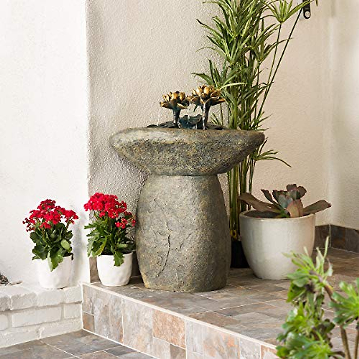 Alpine Corporation 30" Tall Outdoor Pedestal Lotus Rock Waterfall Fountain with LED Lights, Brown/Gray