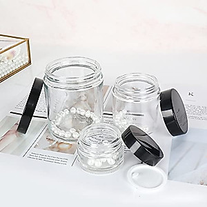 24 Pack 1oz Clear Round Glass Jars - Empty Cosmetic Containers with Inner Liners, black Lids and Glass Sample Jars with labels For Slime, Beauty Products, Cosmetic, Lotion，Powders and Ointments