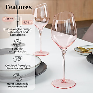 Lidy Pink Wine Glasses Set of 2-15 oz Pink Goblets for Red Wine & White Wine | Hand Blown Wine Glasses for Mothers Day Gifts & Spring Table Decor | Stemmed Wine Glasses Pink for Spring Gifts