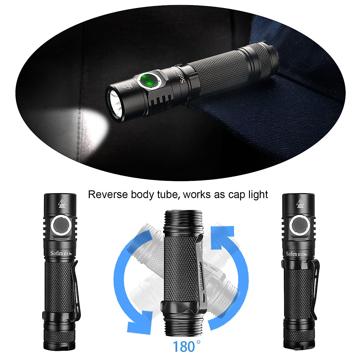 sofirn SC31 Pro Rechargeable EDC Flashlight, Super Bright 2000 Lumens Pocket Flashlight with SST40 6500K LED, Andruril 2 UI, Water Resistant LED Light with Diffuser Magnetic Tail Cap, for Camping
