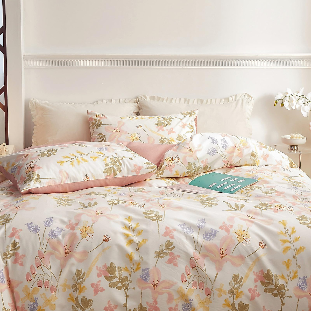 HighBuy Boho Floral Duvet Cover King,Soft Cotton Aesthetic Pink Floral King Comforter Cover,Lightweight Soft Garden Style Bedding Set King Duvet Cover Set Zipper Closure Breathable King