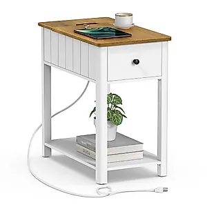 VASAGLE Side Table with Charging Station, End Table with USB Ports and Outlets, Nightstand with Storage, for Living Room, Bedroom, Modern Farmhouse Style, Rustic Walnut and White ULET318T14V1
