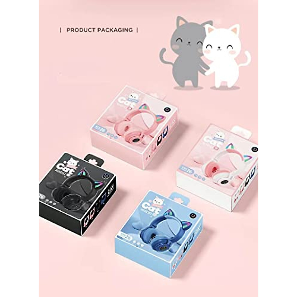 Headset Cat Ears Bluetooth Earphone Wireless Gaming Noise Cancelling 8 Hours with Mic USB Virtual Reality Detachable Cute Luminous Mouse Ear Rainbow RGB Flashing Light On-Ear Headphone (Pink) (ER-1)