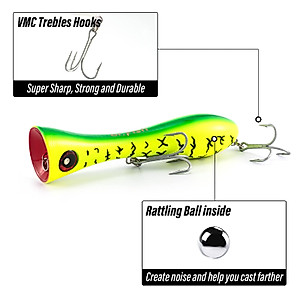 Dr.Fish 5 Pack Topwater Popper Saltwater Fishing Lures Kit, 8 Inches GT Popper VMC Treble Hooks Surf Fishing Lures for Striper Tuna Bluefish Mackerel Snapper Barracuda Pencil Plugs Offshore