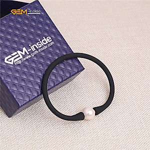 Jewelry Bracelet White Freshwater Pearl Black Rubber Stretch 7" Healing Reiki Fashion for Women Gifts