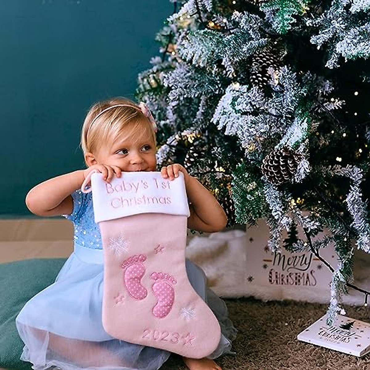 Heart's Sign Babys First Christmas Stocking 2024 Footsteps | My First Christmas Baby Boy and Baby Girl | Newborn Stockings Christmas Ornaments | Newborn Christmas Decor (Pink)