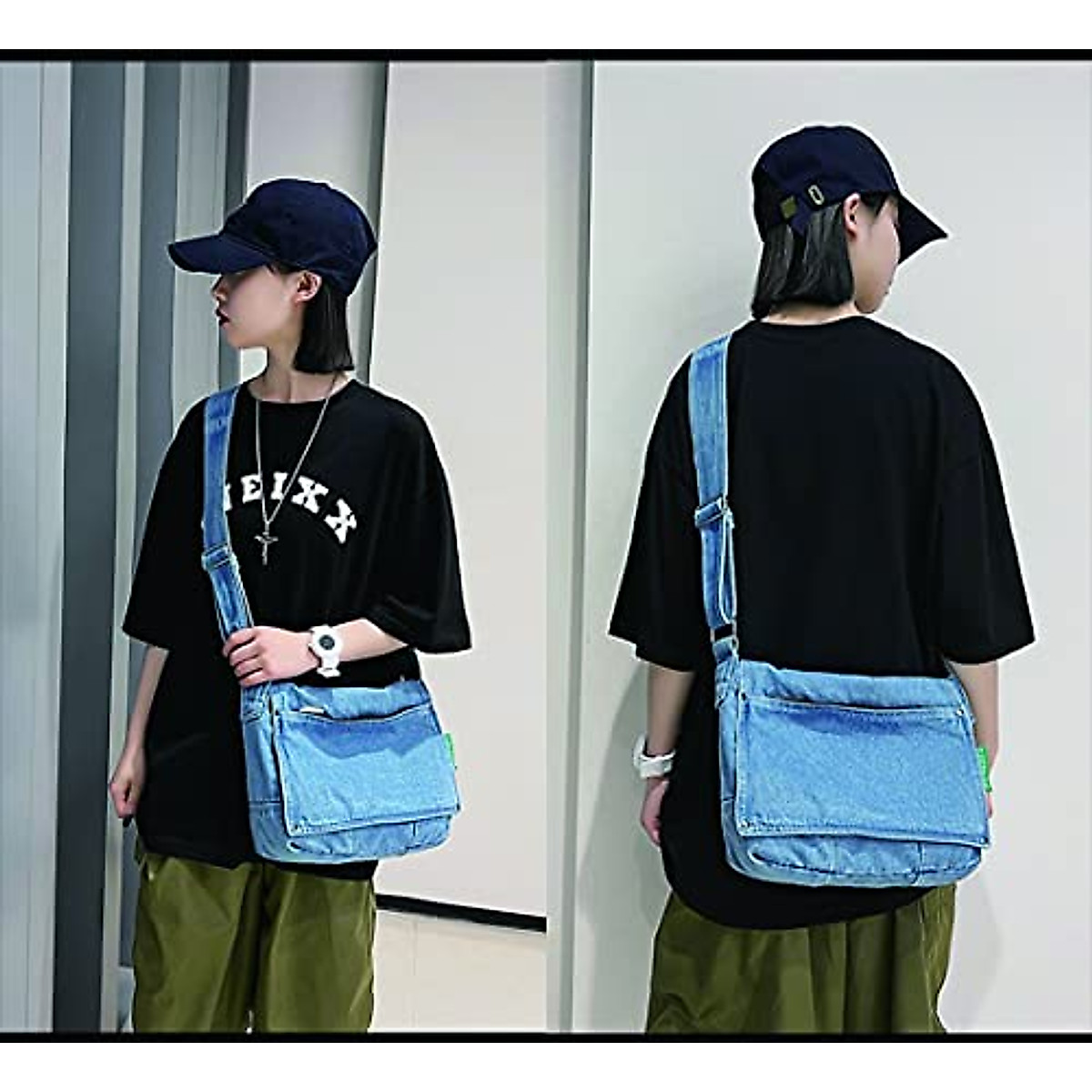 XACKWUERO Women Fashion Denim Casual Crossbody Bag Large Capacity Tote Bag Wide Strap Shoulder Bag for Shopping Working (Light Blue)