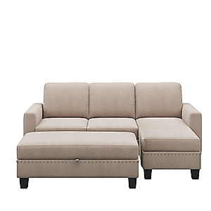 Lepfun 81" Reversible Couch with Storage Ottoman L-Shaped, Sectional Chaise,Nailheaded Textured Fabric 3 Pieces Sofa Set, Ideal for Living Room or Bedroom, Warm Grey