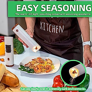 GATGOODS Gravity Electric Salt and Pepper Grinder Set, Adjustable Coarseness, Warm LED Light, One-handed Automatic Operation, Battery Powered, White, Electric Pepper Mills