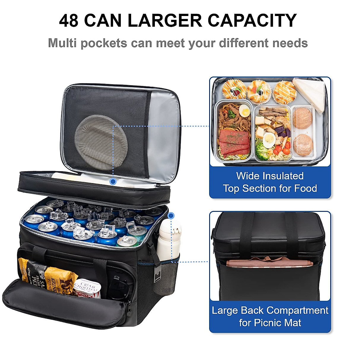 EVERFUN Large Soft Cooler Bag Travel Beach Insulated Cooler for Men 48 Can Dual Compartments Collapsible Waterproof Leak-proof for Camping Picnic, Black