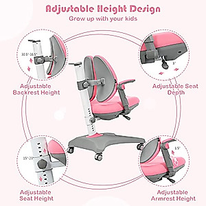 Costzon Kids Chair, Adjustable Height Student Chair w/Sit-Brake Casters, Seat Depth Adjustable, Footrest & Flip-up Armrest, Home School Ergonomic Computer Chair, Kids Desk Chair (Pink)